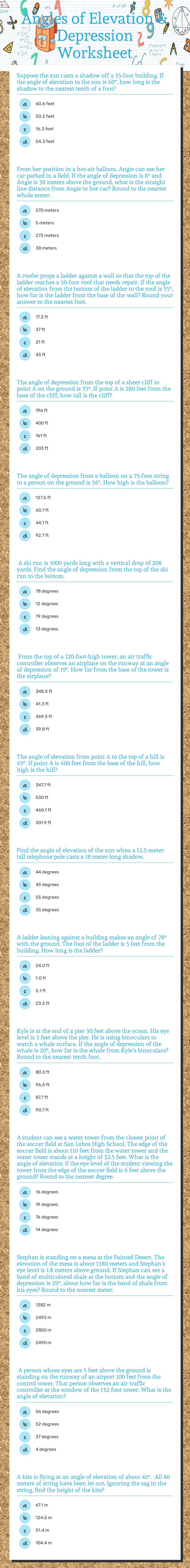 Angles of Elevation & Depression Worksheet by Brandy Hay | Interactive ...