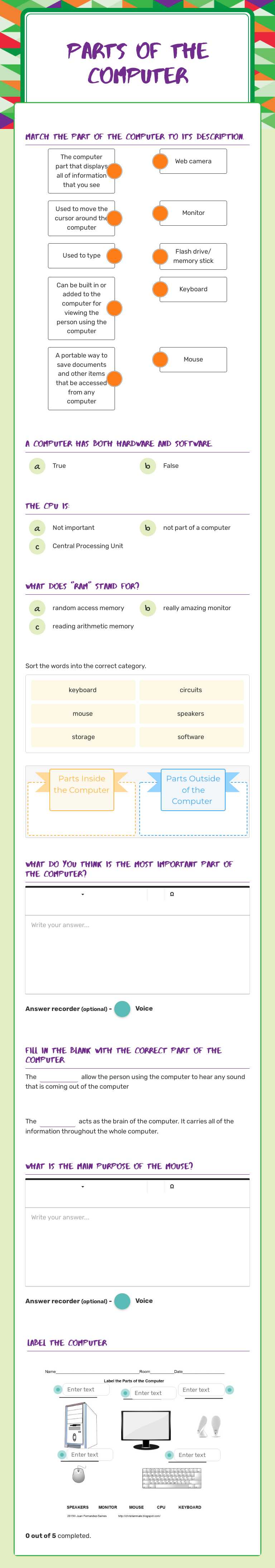 Learn computer parts with our fun worksheet! Identify key hardware like ...