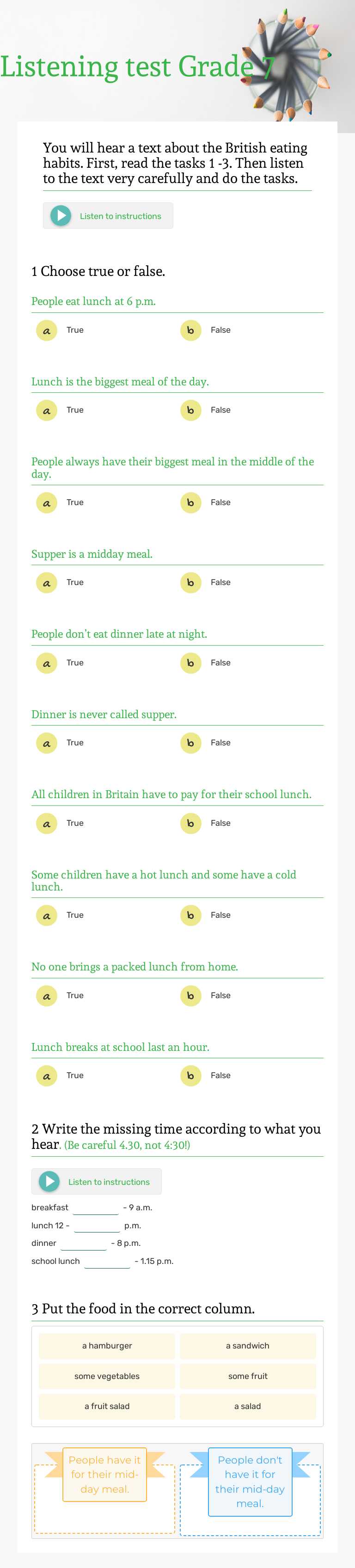 Grade 7 listening test on British eating habits. Practice key ...