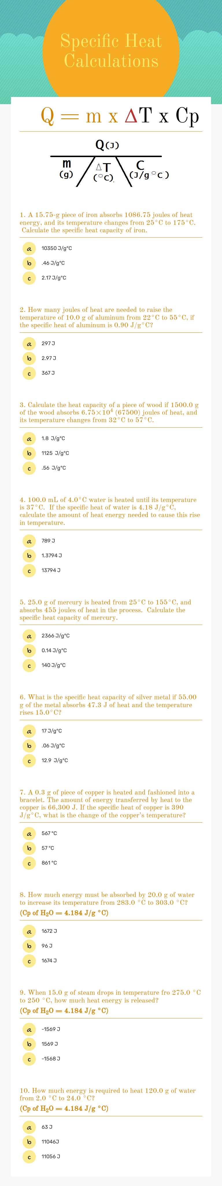 Specific Heat Calculations by Cheryl Thomas | Interactive Worksheet ...