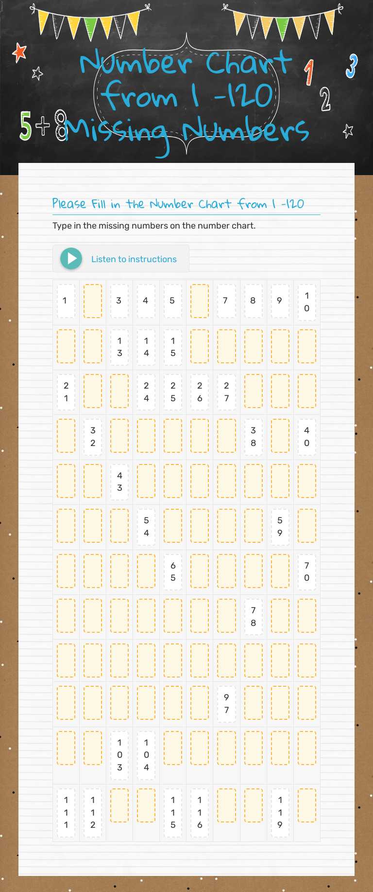 Number Chart from 1 -120 Missing Numbers by Krista White | Interactive ...