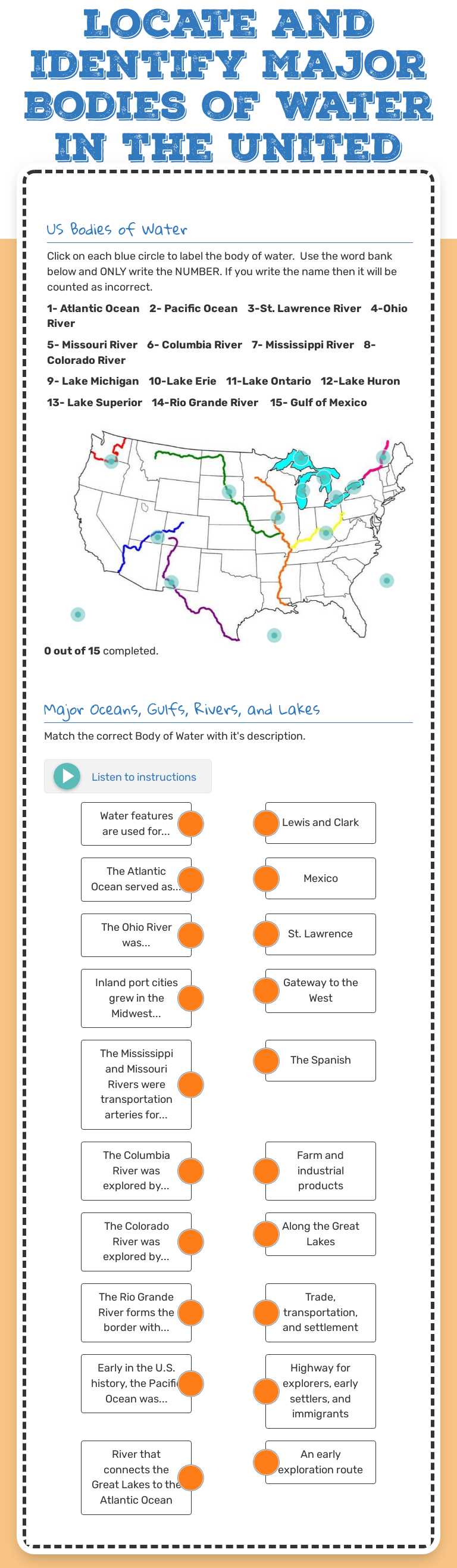 Learn US water features! Practice labeling oceans, rivers, and lakes ...