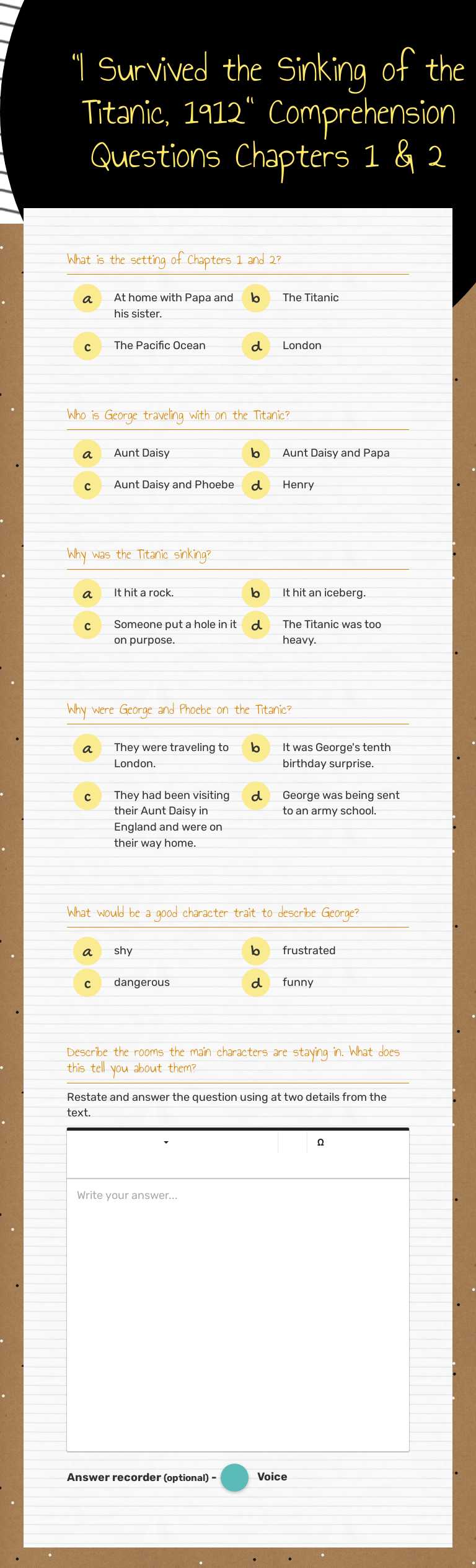 "I Survived the Sinking of the Titanic, 1912" Comprehension Questions ...