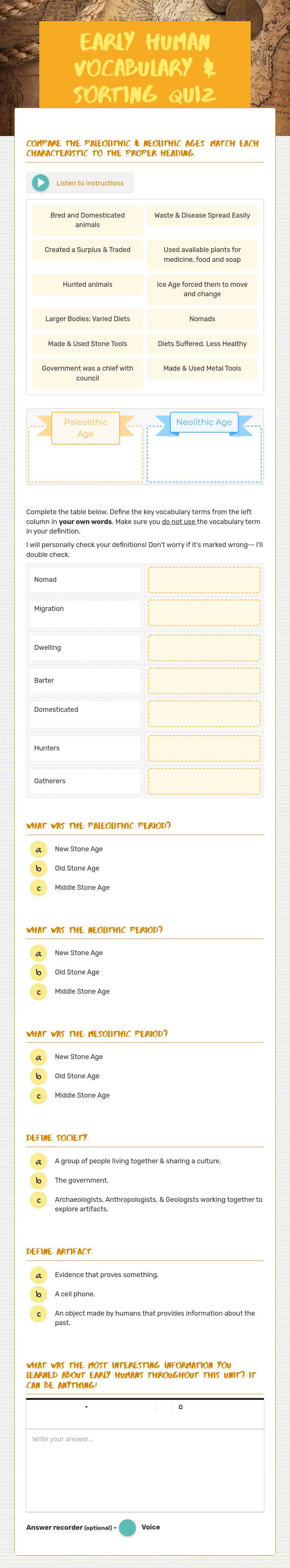 Early Humans Final Assessment by Andrew Dionne | Interactive Worksheet ...