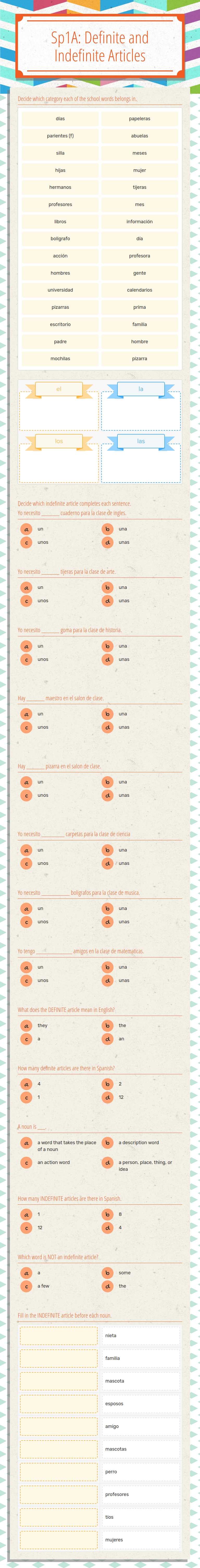Sp1A: Definite and Indefinite Articles by Tracy Moriarty | Interactive ...