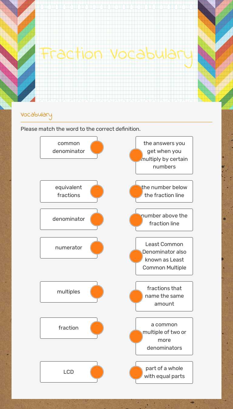 Learn key fraction vocabulary! Match terms like numerator, denominator ...