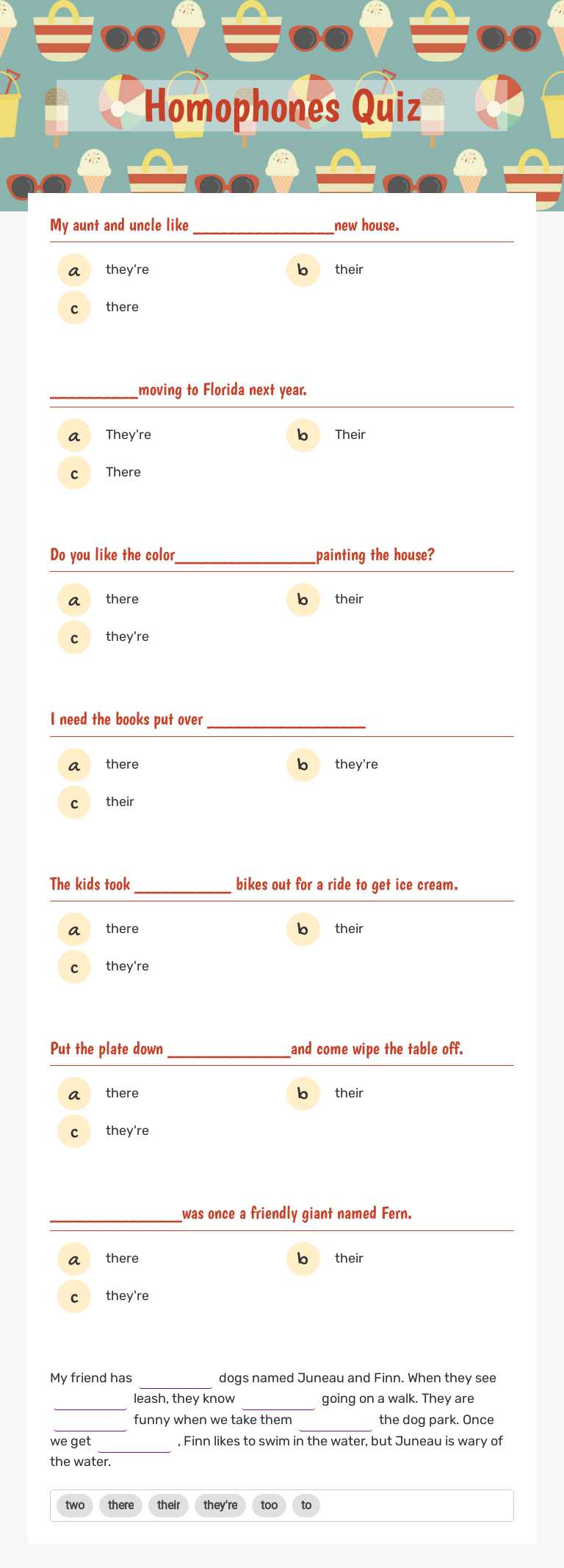 Homophones Quiz by Anne Spaulding | Interactive Worksheet | Wizer.me