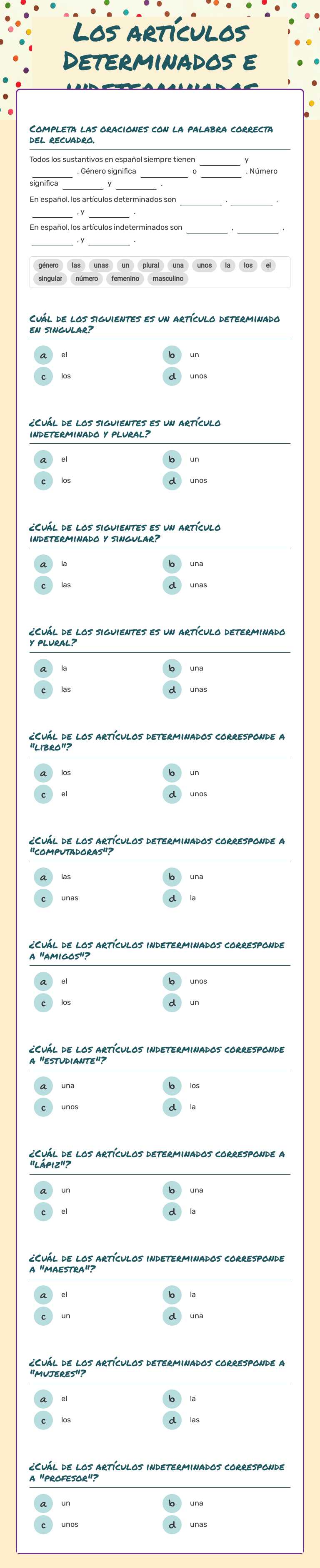 Master Spanish articles! Practice el, la, los, las, un, una, unos, unas ...