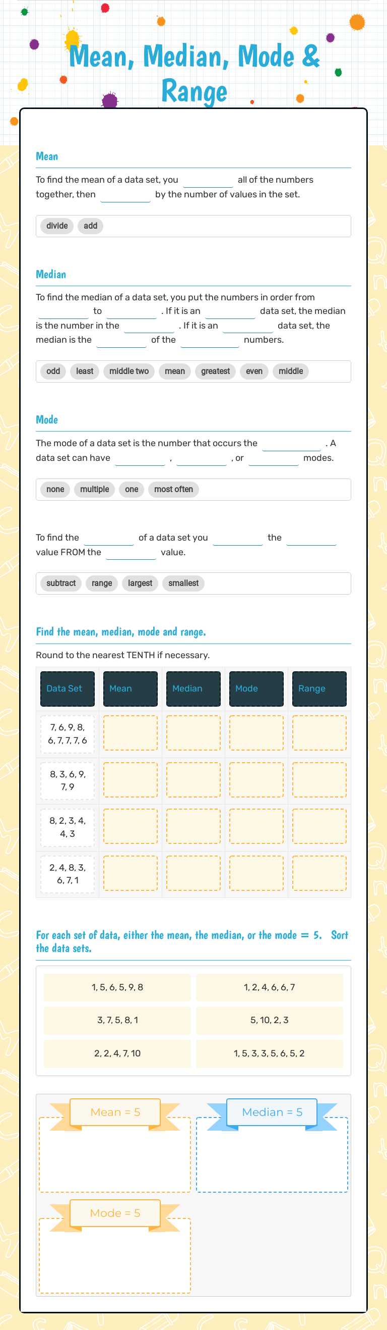 Mean, Median, Mode & Range by Hannah Vazquez | Interactive Worksheet ...