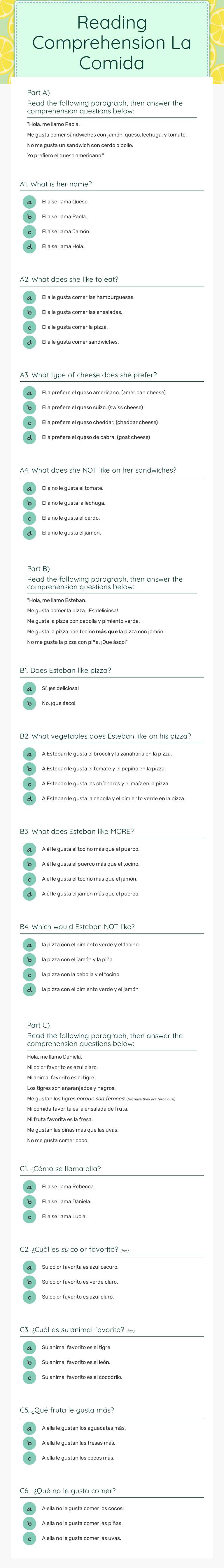 Boost Spanish reading skills! Fun comprehension exercises on food, pets ...