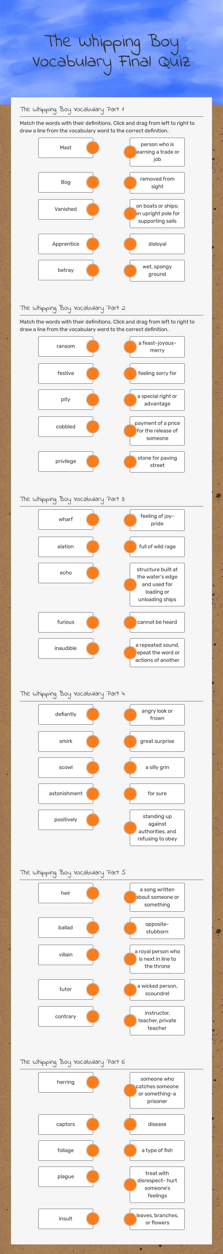 The Whipping Boy Vocabulary Final Quiz by Kaitlin Meger | Interactive ...