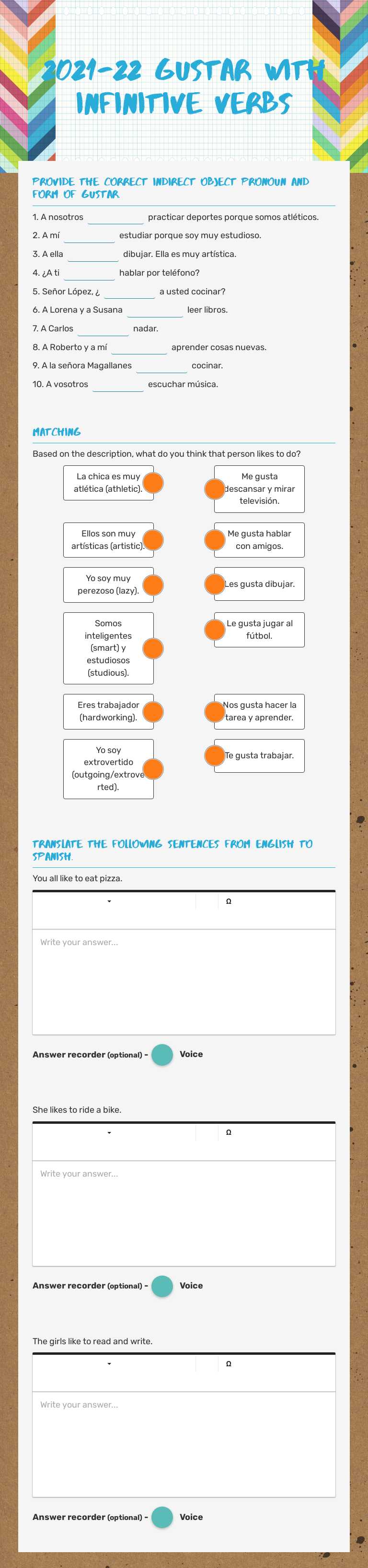 Spanish 'gustar' + infinitive verbs practice worksheet. | 2021-22 ...