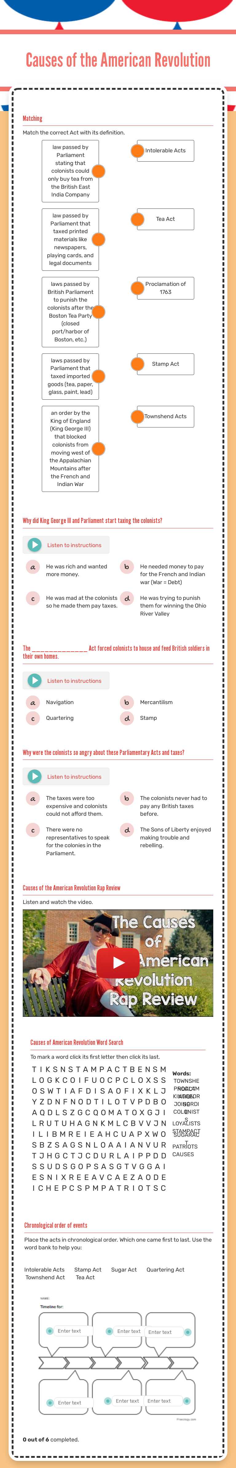 Discover the causes of the American Revolution! Match acts, understand ...