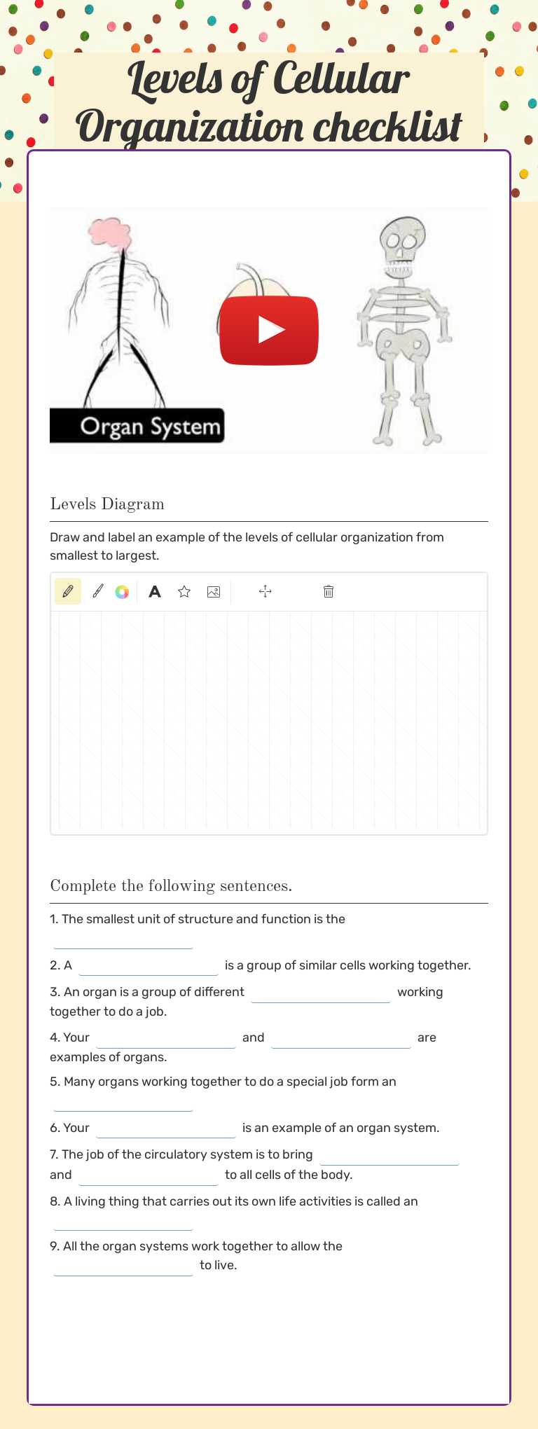 Levels of Cellular Organization checklist by Andrew Ciochetto ...