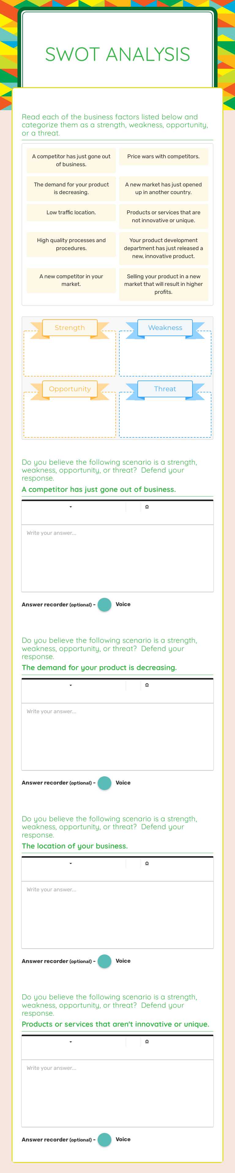 SWOT Analysis by Phillip VanDenBerg | Interactive Worksheet | Wizer.me