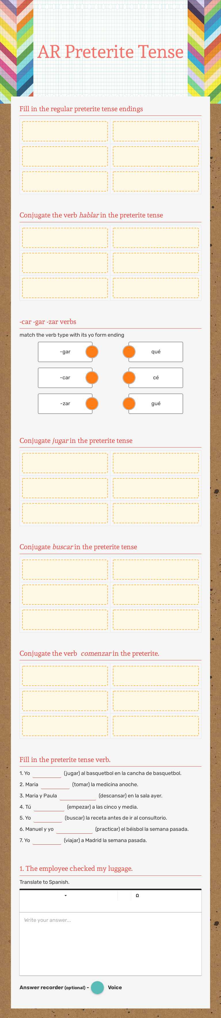 AR Preterite Tense by Idaliz Rivera | Interactive Worksheet | Wizer.me