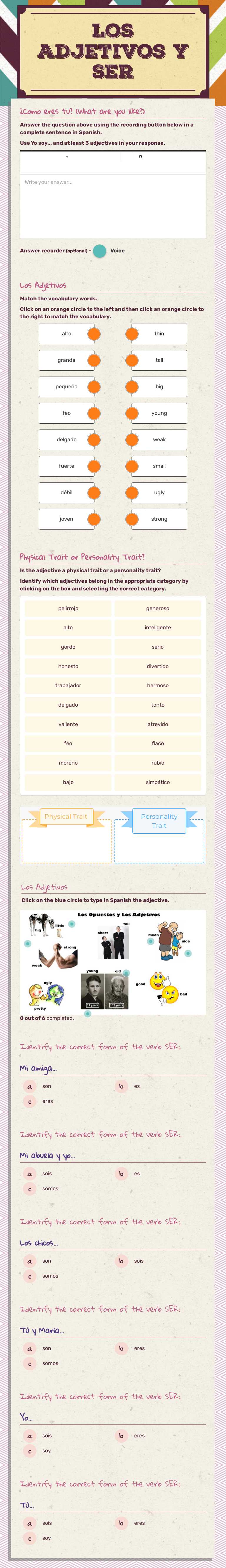 Los Adjetivos y SER by Kathleen Chakalis | Interactive Worksheet | Wizer.me
