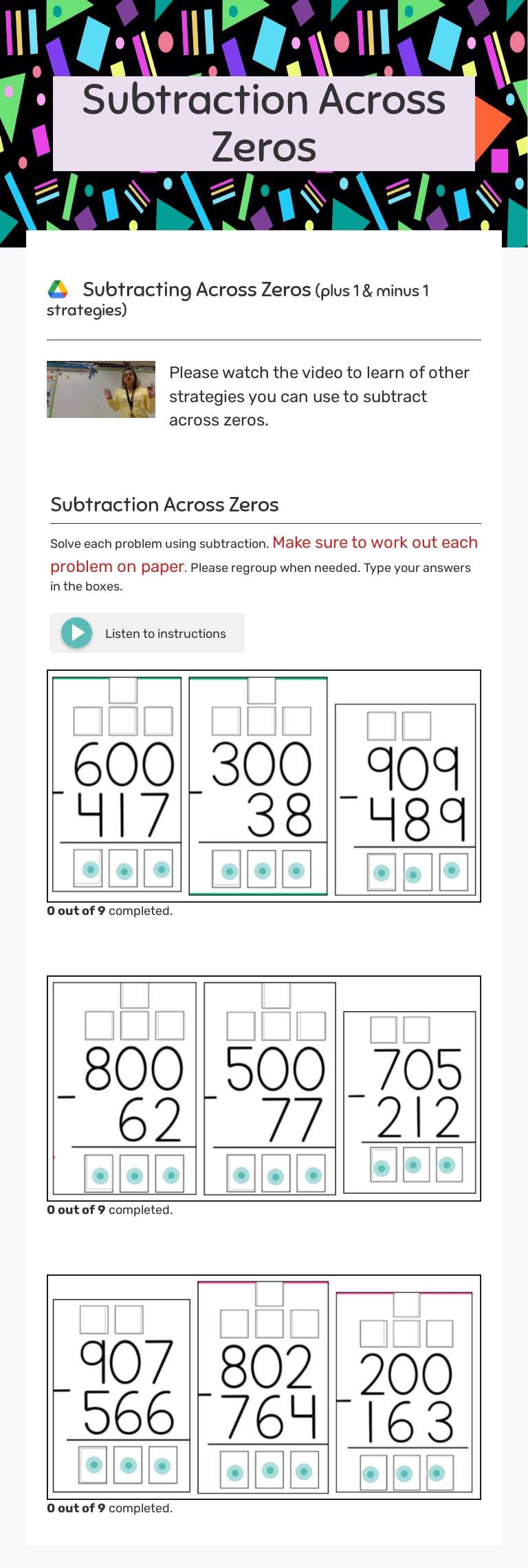 Subtraction Across Zeros by Cynthia Dortch | Interactive Worksheet ...