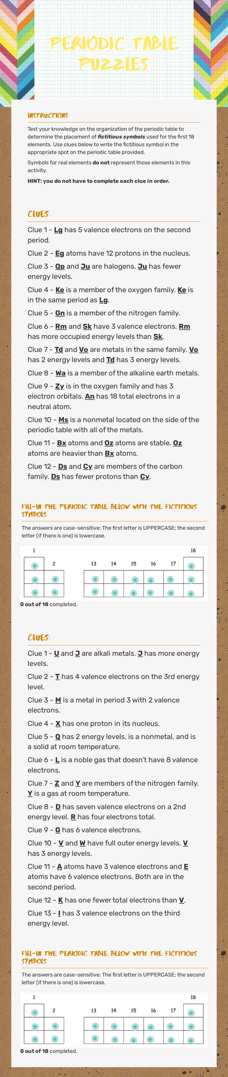 Solve Periodic Table puzzles & place fictitious elements using clues ...