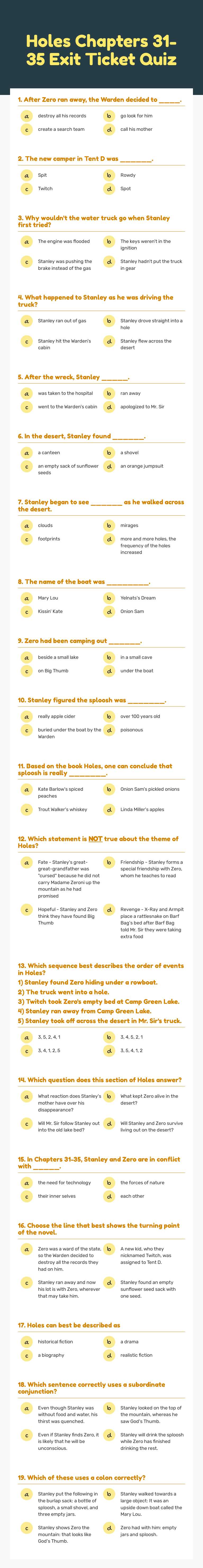Holes Chapters 31-35 Exit Ticket Quiz by Shiarah Tejada | Interactive ...