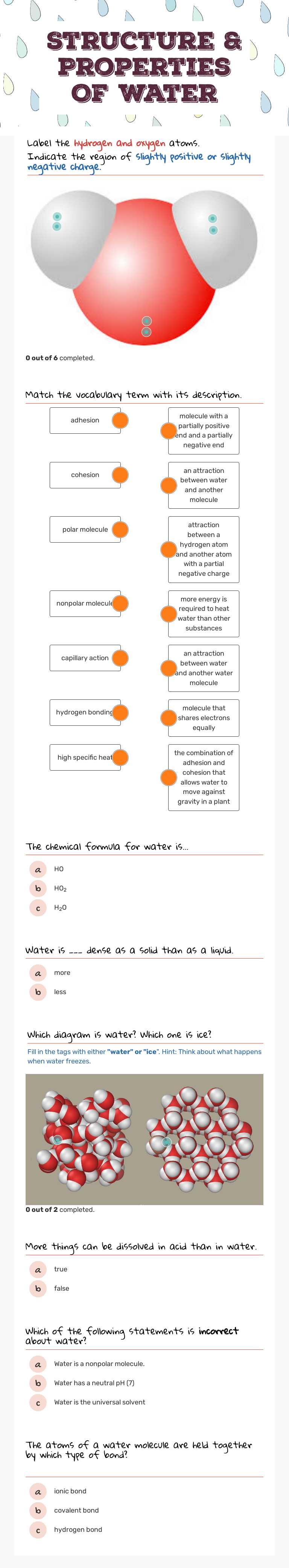 Structure & Properties Of Water by Lisa Short | Interactive Worksheet ...