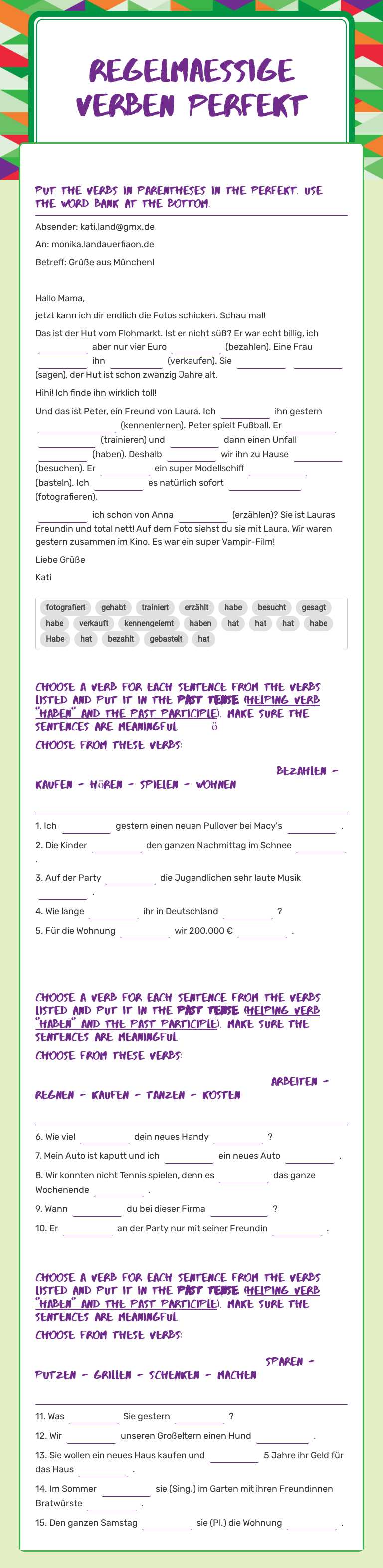Practice German Perfekt tense with regular verbs! Fill in the blanks ...