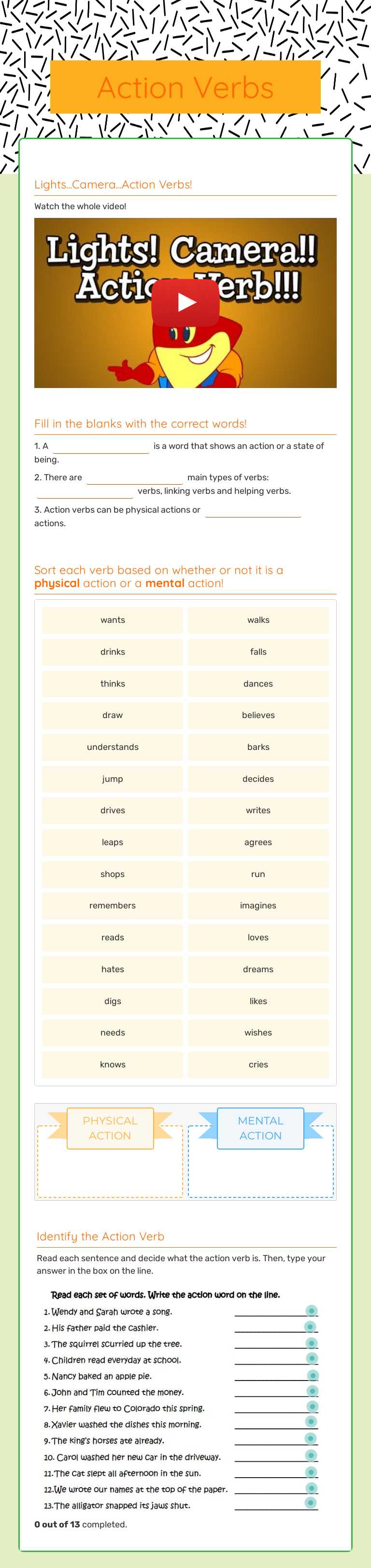 Learn action verbs! Practice identifying physical & mental actions in ...