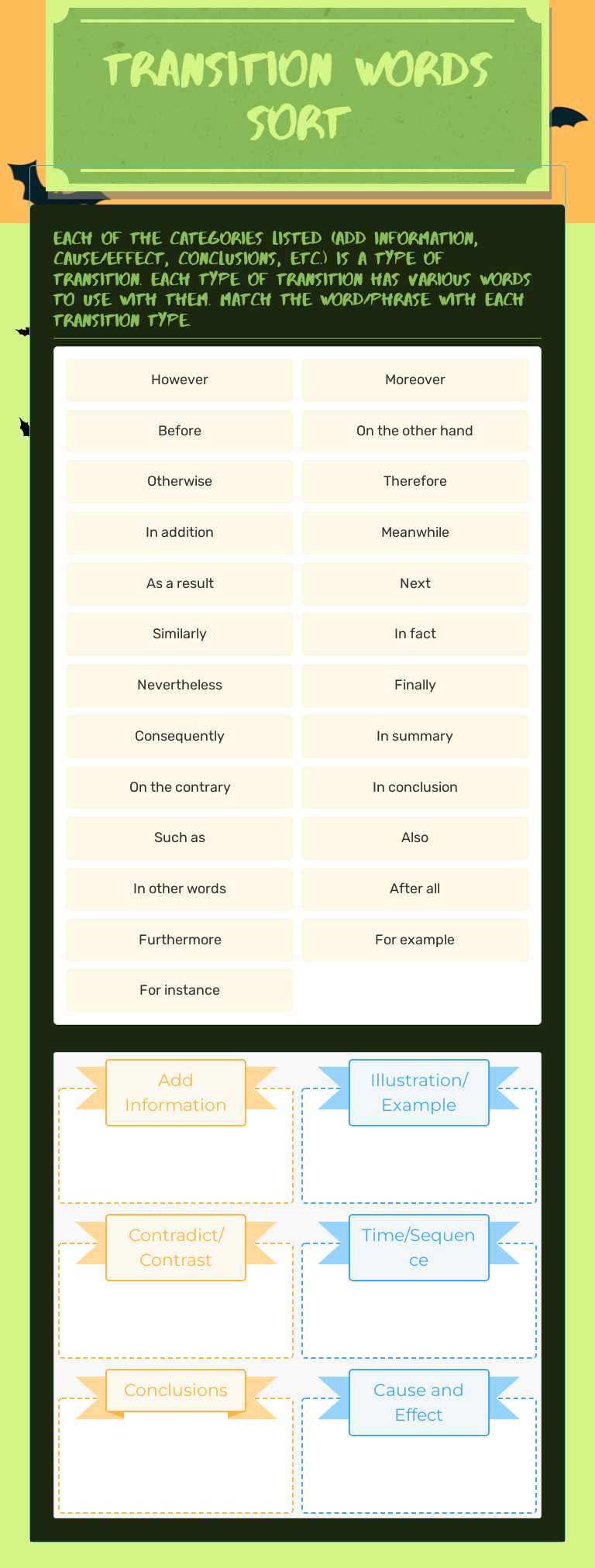 Transition words Sort by Milka Willis | Interactive Worksheet | Wizer.me