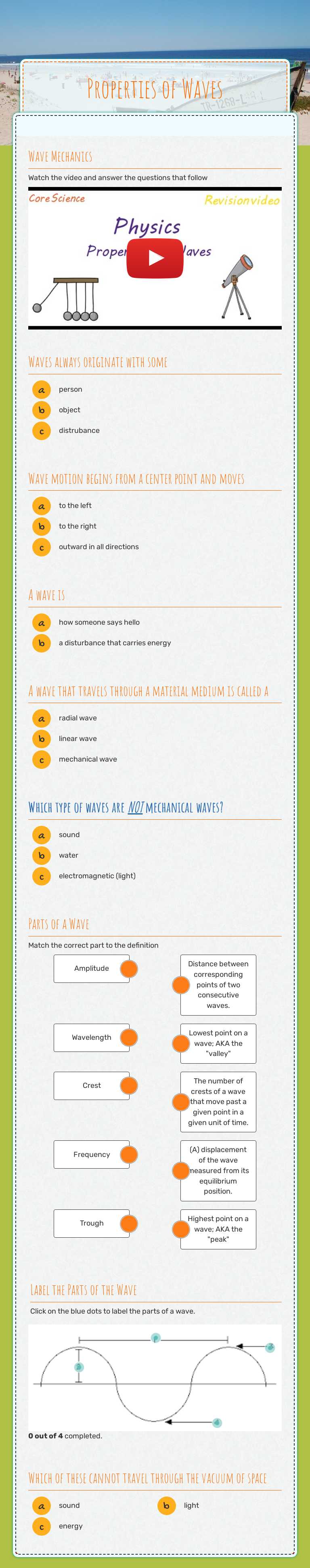 Properties of Waves by Vernell Leavings | Interactive Worksheet | Wizer.me