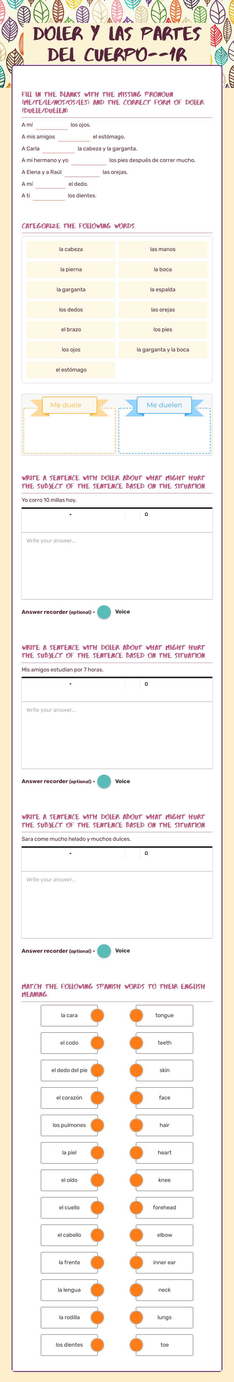 Learn Spanish 'doler' and body parts! Fun fill-in-the-blanks & sentence ...