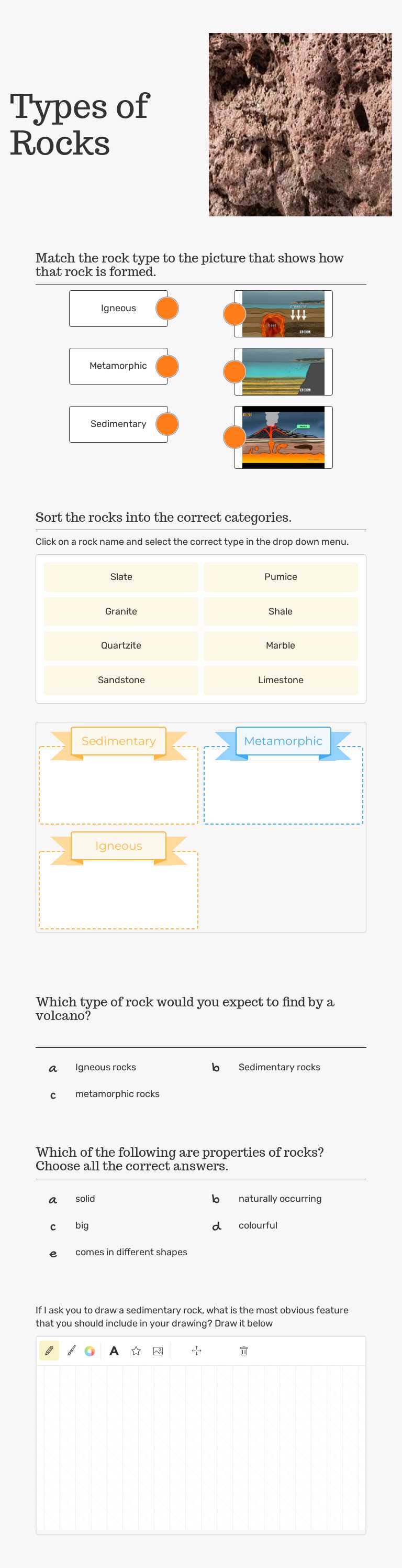 Learn about igneous, metamorphic, and sedimentary rocks! Match rock ...