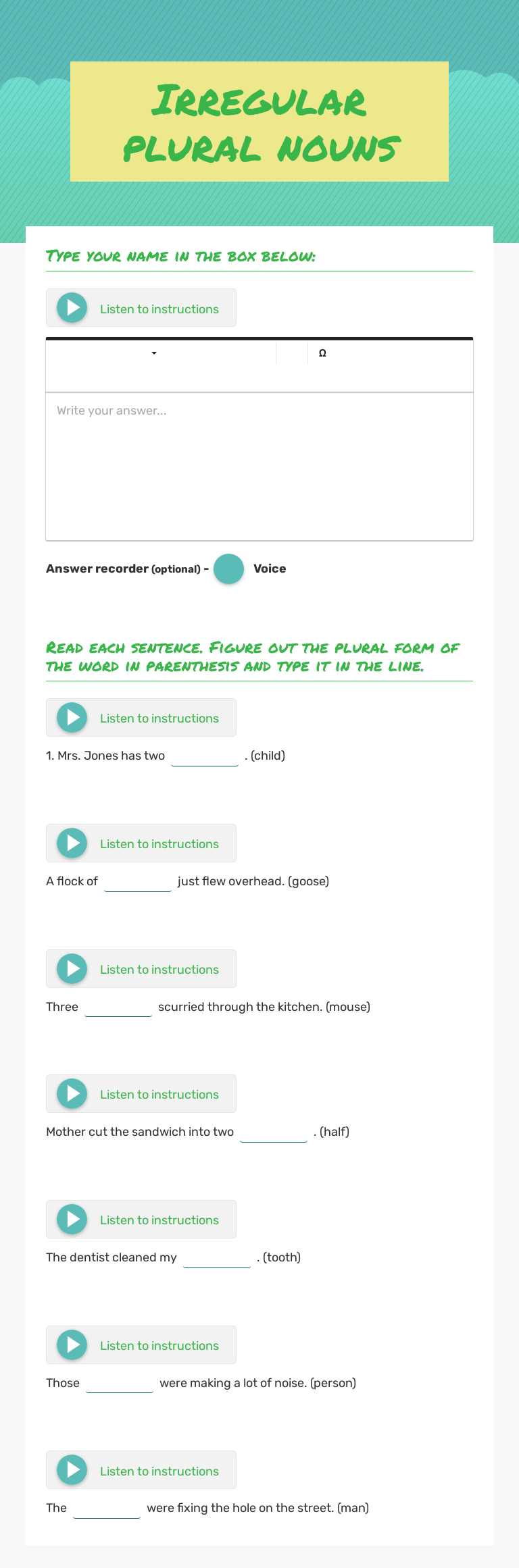 Irregular plural nouns by Kaylee Akin | Interactive Worksheet | Wizer.me
