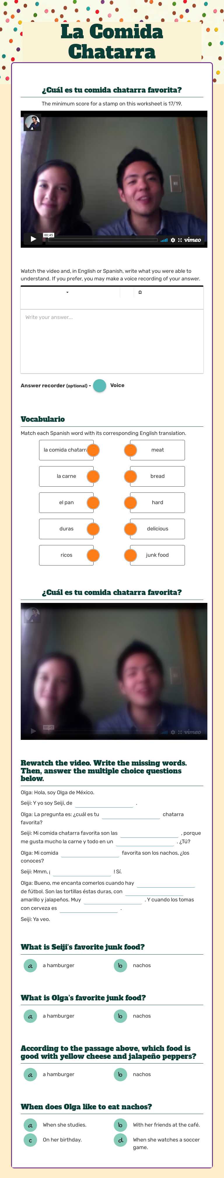 La Comida Chatarra by Erin Sunday | Interactive Worksheet | Wizer.me