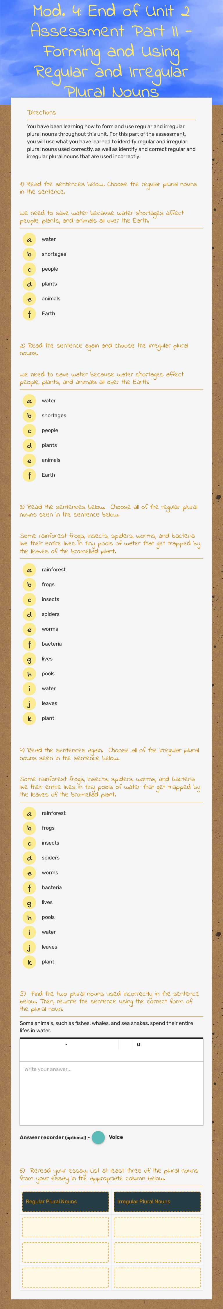 Mod. 4: End of Unit 2 Assessment Part II - Forming and Using Regular ...