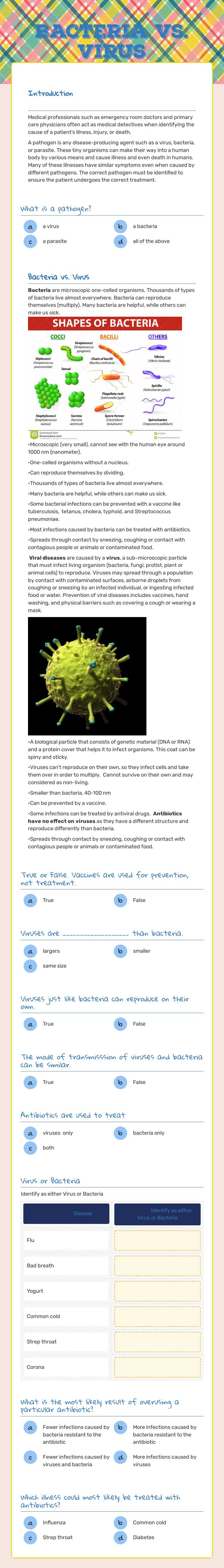 Bacteria vs. virus by DeAira Clark | Interactive Worksheet | Wizer.me