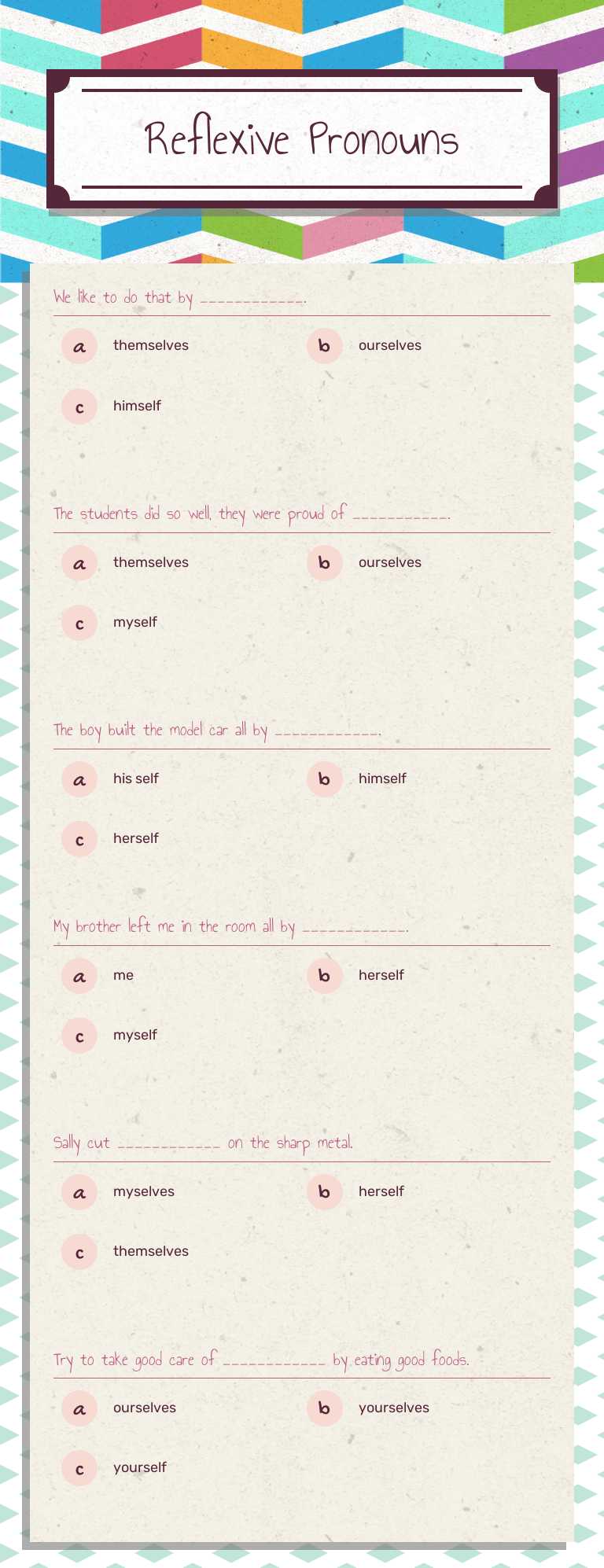 Reflexive Pronouns by zainab hotelwala | Interactive Worksheet | Wizer.me
