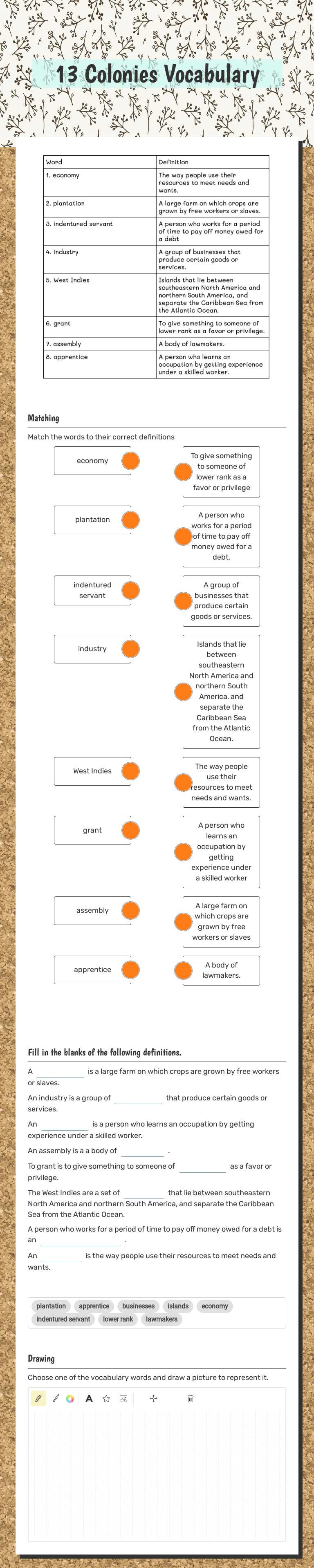 Learn 13 Colonies vocabulary with fun matching and fill-in-the-blanks ...