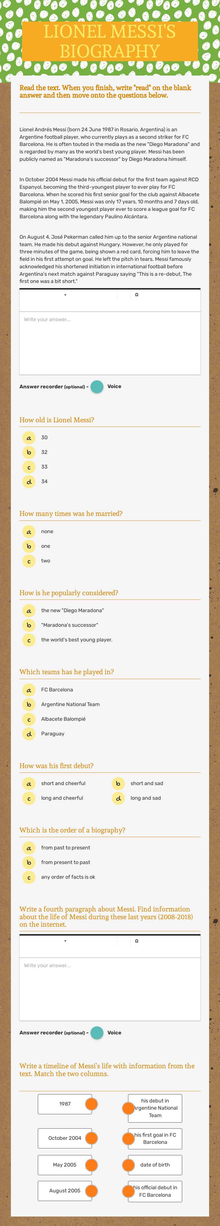 LIONEL MESSI'S BIOGRAPHY by Daniel Noll | Interactive Worksheet | Wizer.me