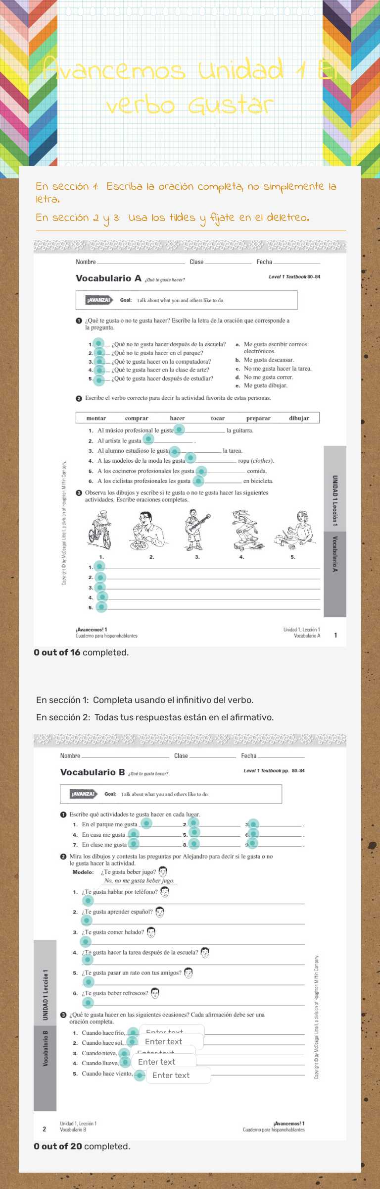 Avancemos Unidad 1 El verbo Gustar by Isabel Costa | Interactive ...