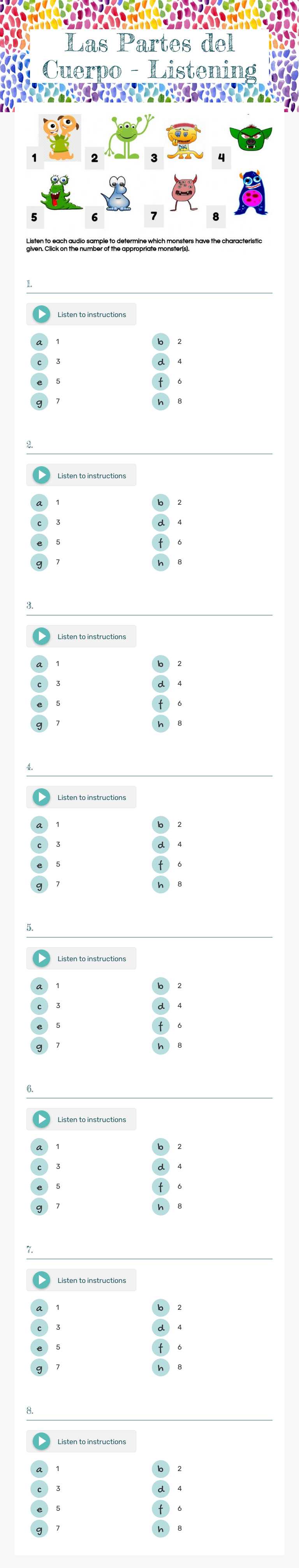 Practice Spanish body parts with this fun listening worksheet for kids ...