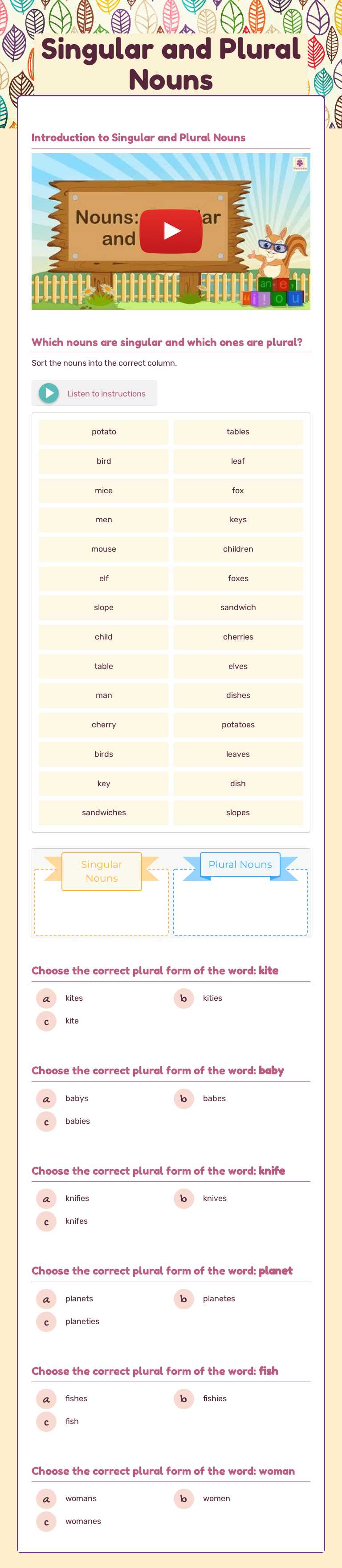 Singular and Plural Nouns by Denise Lesko | Interactive Worksheet ...