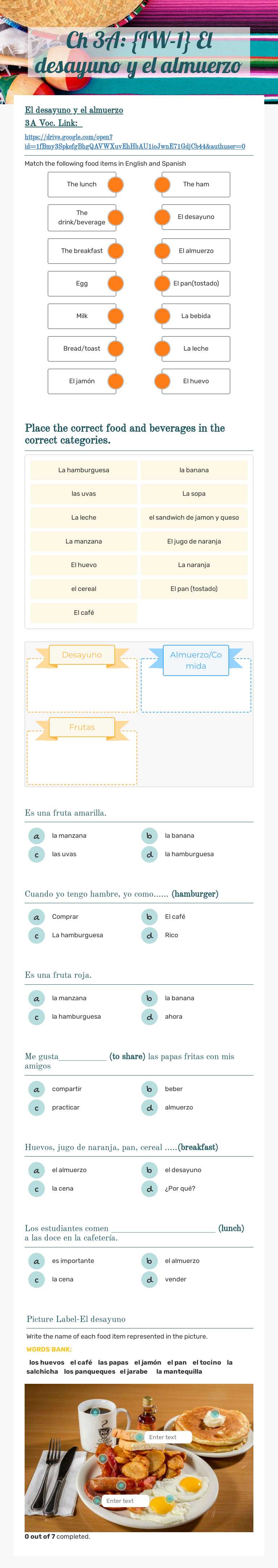 Learn Spanish food words for breakfast and lunch! Match, categorize ...