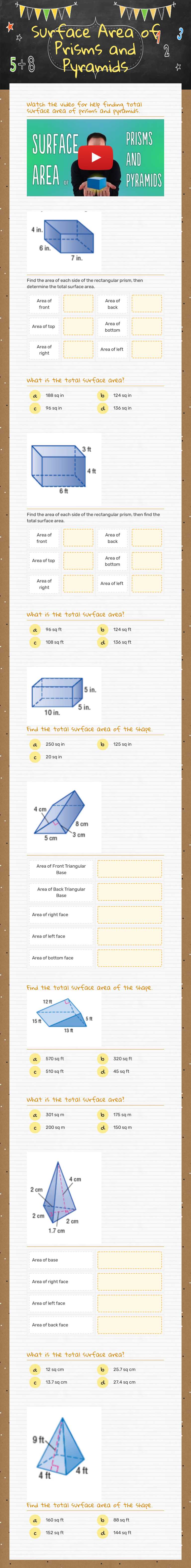 Surface Area of Prisms and Pyramids by Amber Vaughn | Interactive ...