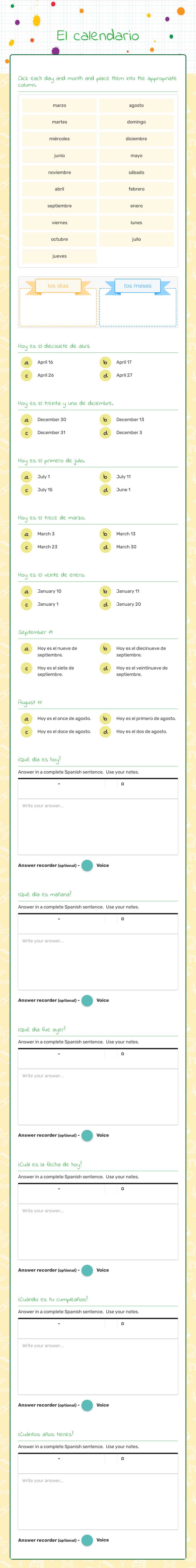 El calendario by Jennifer Gebhardt | Interactive Worksheet | Wizer.me