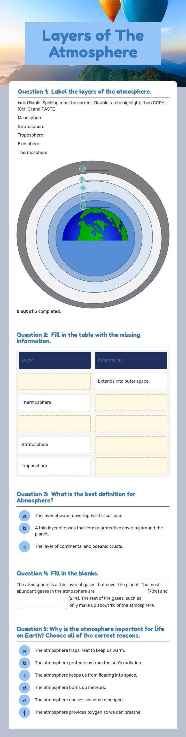 Layers of The Atmosphere by Alison Porter | Interactive Worksheet ...