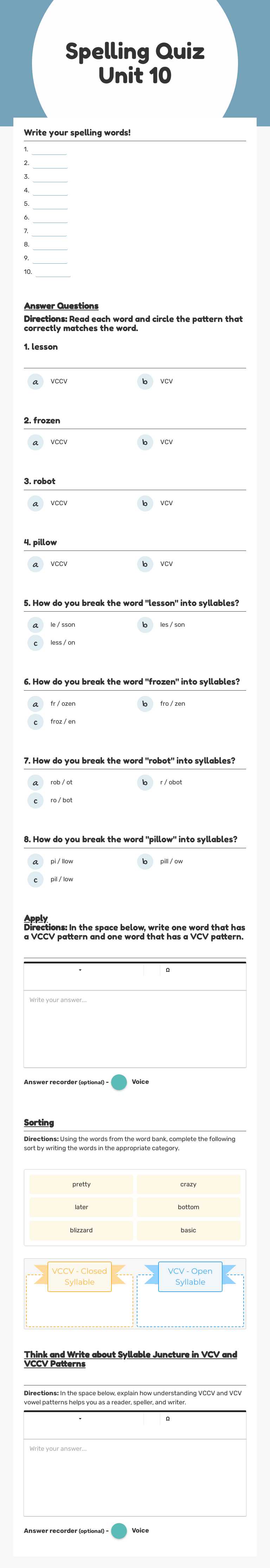 Spelling Quiz Unit 10 by Allison Dimmig | Interactive Worksheet | Wizer.me