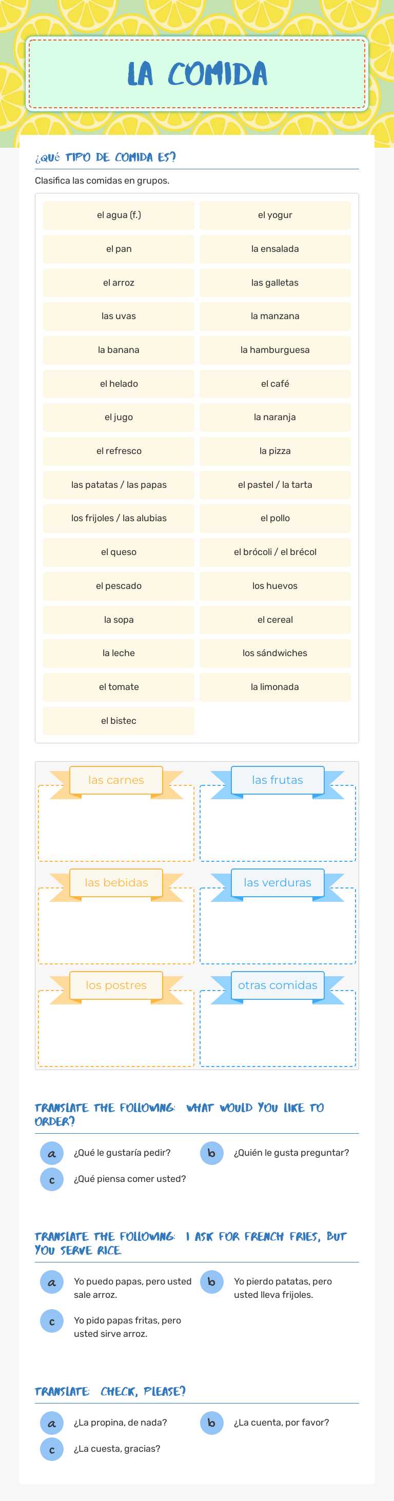 La comida by Kristie Plugge | Interactive Worksheet | Wizer.me