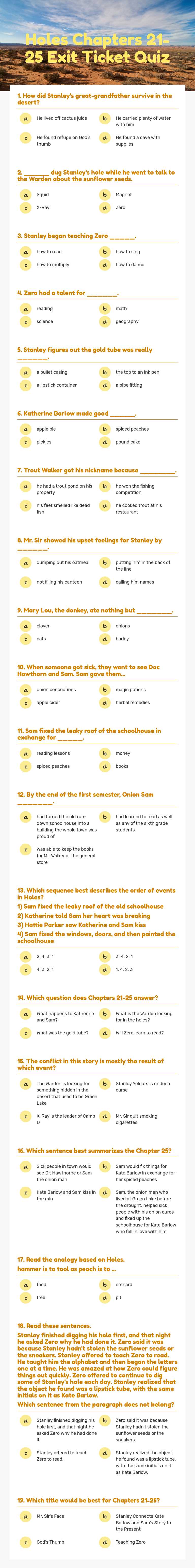 Test your knowledge of Holes chapters 21-25! | Holes Chapters 21-25 ...