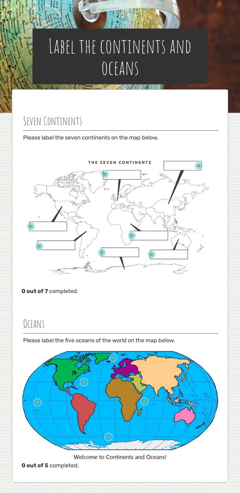 Label the continents and oceans | Interactive Worksheet | Wizer.me