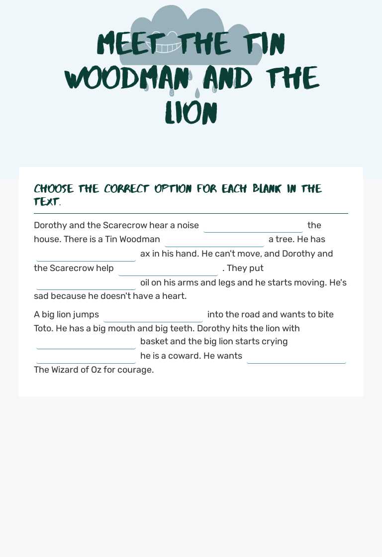 Meet the Tin Woodman and Lion! Comprehension worksheet for The Wizard ...
